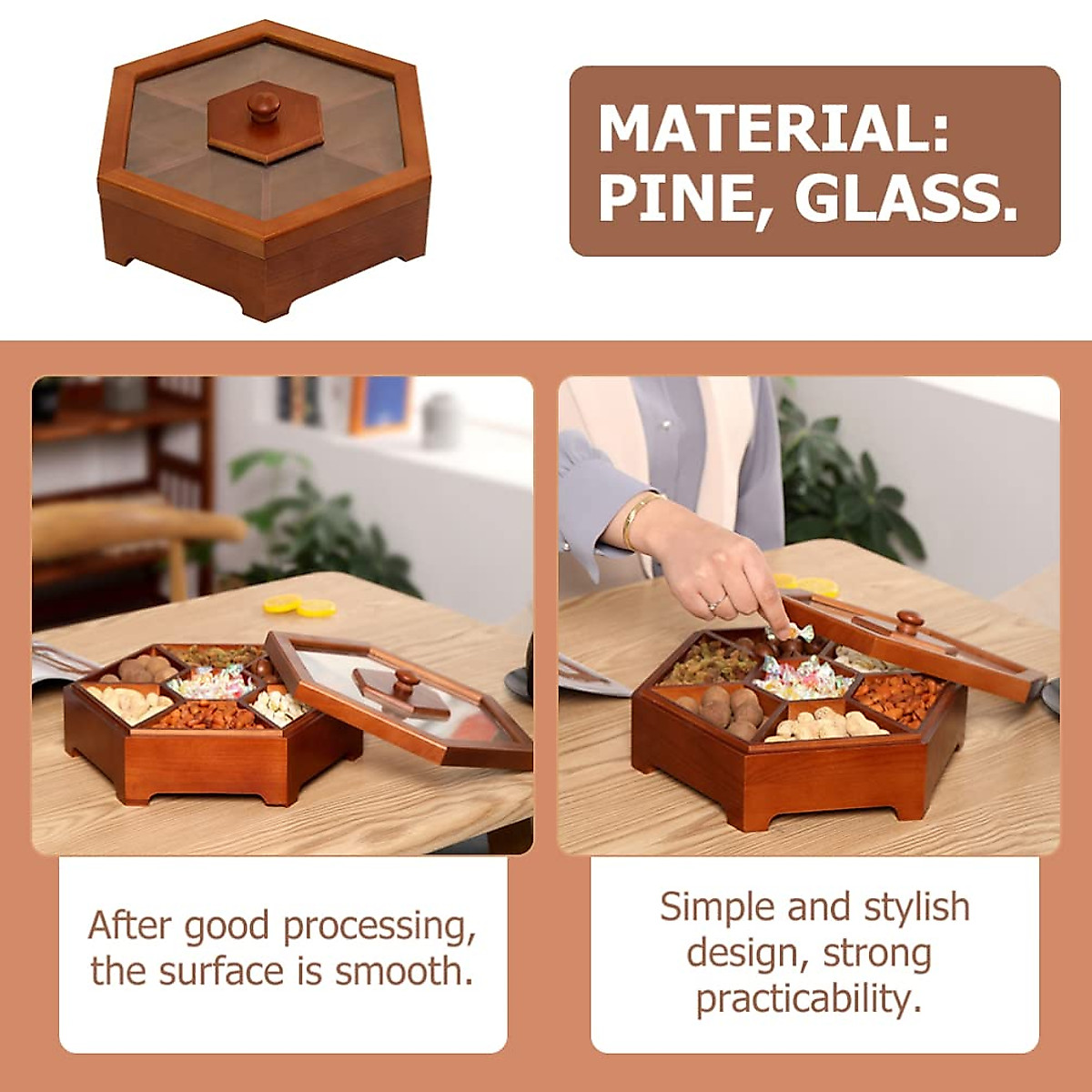 Wakauto 1pc Nut Compartment Box Spring Festival Snack Bowls Candy and Nut Serving Container Dry Food Storage Chinese Candy Tray Snack Compartmented Plate Platter Pine Wood with Cover