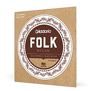 D'Addario Guitar Strings - Folk Nylon Guitar Strings - EJ34 Classical Guitar Strings - Nylon Core, Ball End - 80/20 Bronze Wrap, Black Nylon Trebles