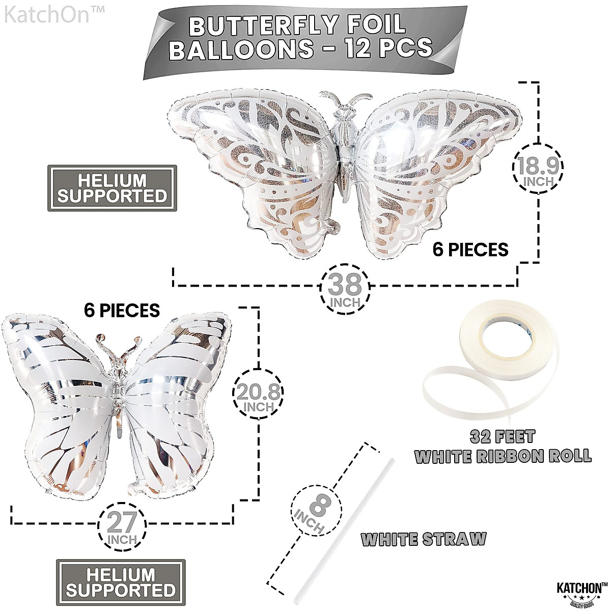 KatchOn, Big Butterfly Balloons, 38 Inch - Pack of 12, Helium Supported | Metallic Butterfly Foil Balloons for Butterfly Party Decorations | Mylar Butterfly Balloons for Baby Shower, Bridal Shower