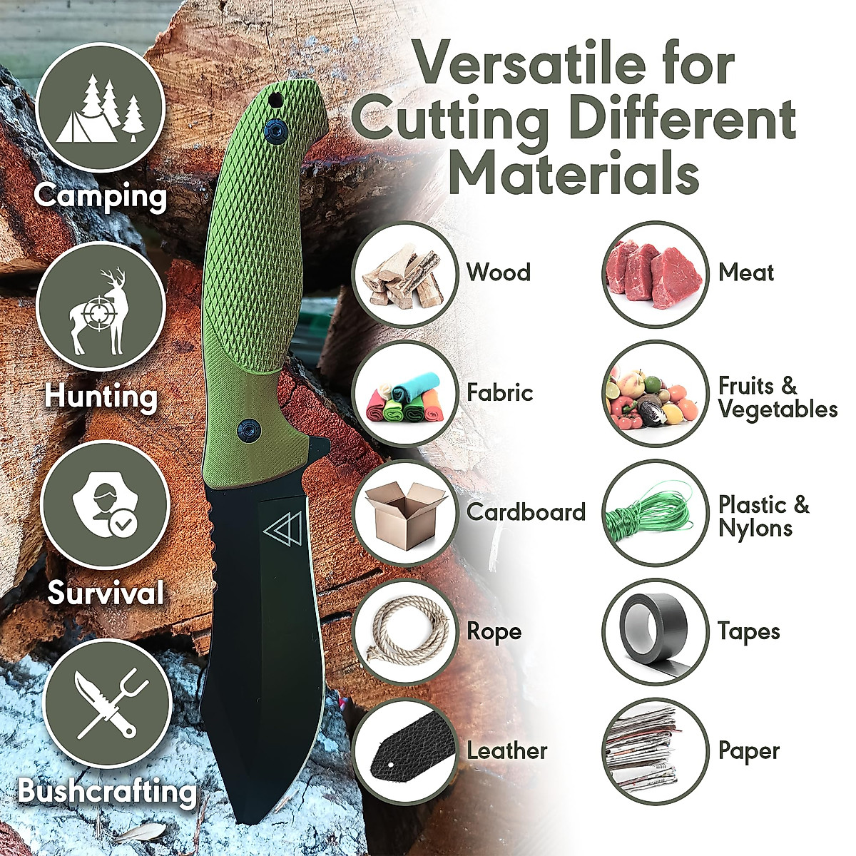 Bushcraft Knife Full Tang with Sheath, 10.2" Fixed Blade Survival Knife with 440C Hardened Stainless Steel, Leather Sheath Included by Kratos - ZFS5