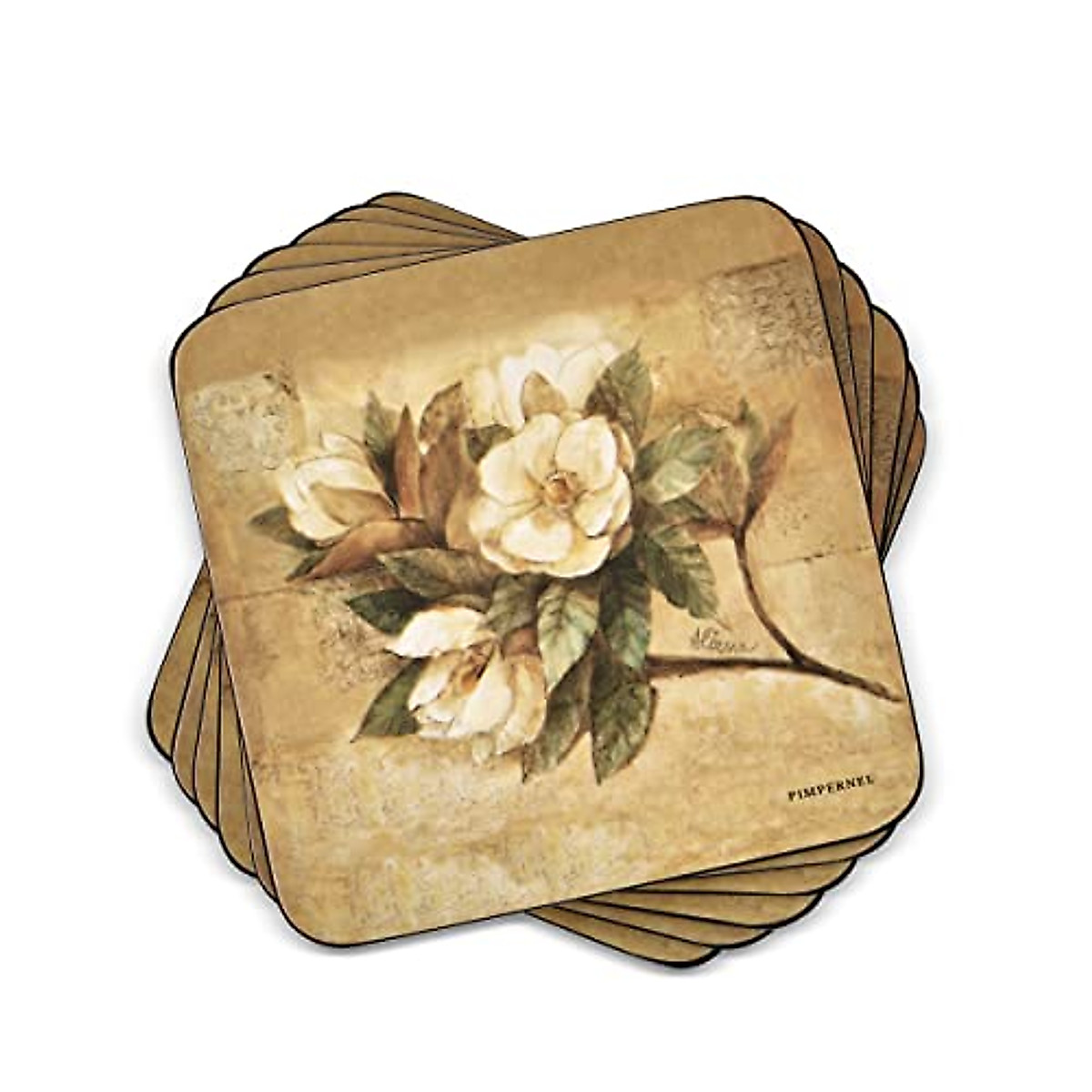 Pimpernel Sugar Magnolia Collection Coasters | Set of 6 | Cork Backed Board | Heat and Stain Resistant | Drinks Coaster for Tabletop Protection | Measures 4” x 4”