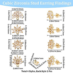 Beebeecraft 4 Pairs 4 Styles Cubic Zirconia Earring Findings Flower Diamond Stud Posts with Loop and 8Pcs Butterfly Earring Backs for DIY Earring Jewelry Making