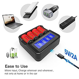 Batteries Rechargeable for Arlo, EaseBuy 4-Pack 800mAH 123A Arlo Batteries and LCD Display CR123A Charger for Arlo VMS3130 VMC3030 VMK3200 VMS3330 3430 3530 Cameras, Alarm System, Flashlight