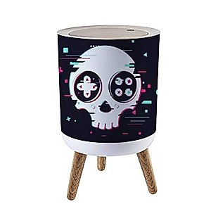IKFLWJUTFW Small Trash Can with Lid Game over glitchy sign skull and gamepad Video symbol Gamer 7 Liter Garbage Elasticity Press Cover Kitchen Bathroom Office Fashion Paper Basket 1.8 Gallon Color6