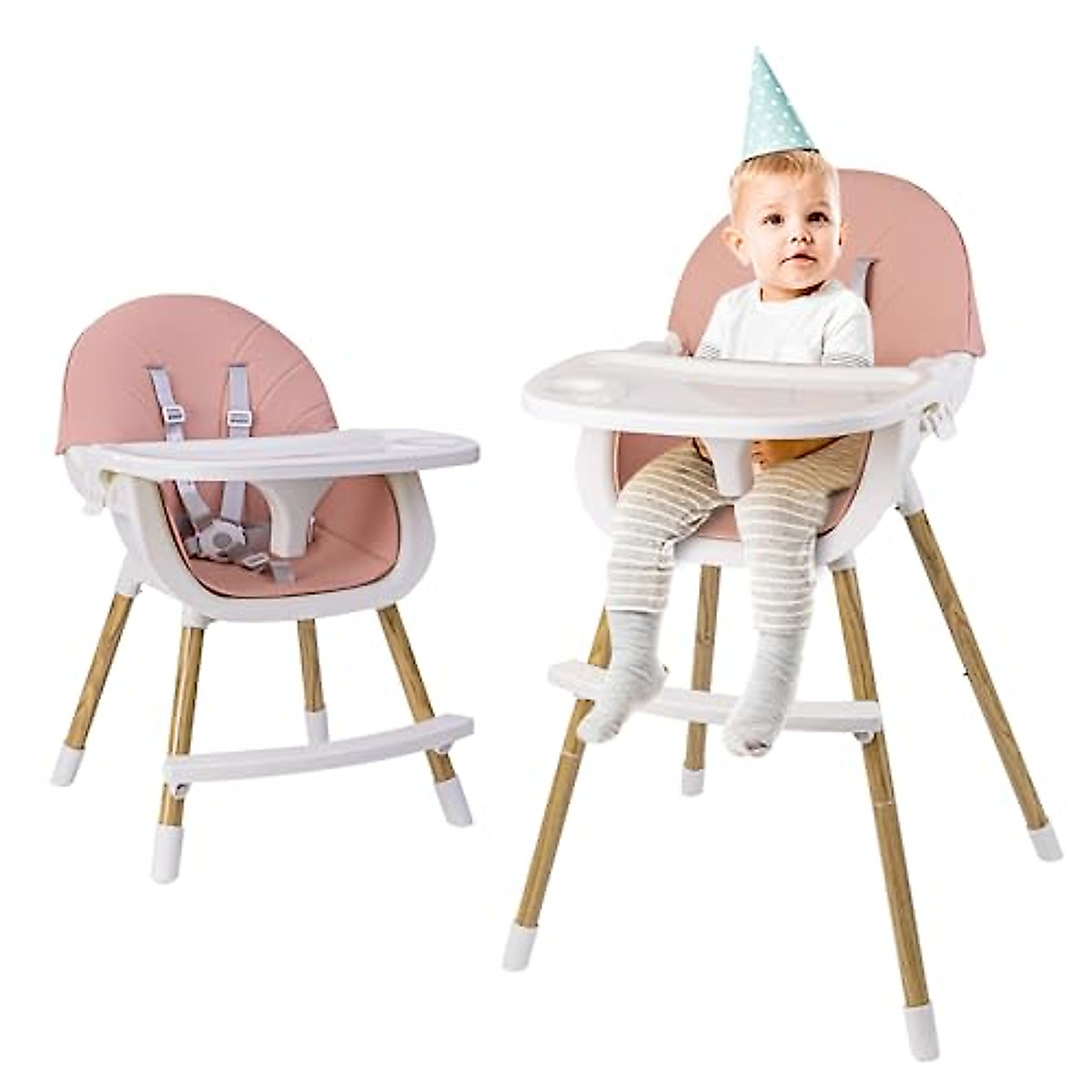 Baby High Chair, 3 in 1 High Chair for Toddlers, Convertible Infant Highchair with Removable Tray & Safety Harness, Adjustable Legs, Made of Sleek Hardwood & Premium Leatherette(Pink)