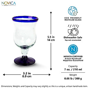 NOVICA Artisan Crafted Clear Blue Rim Hand Blown Recycled Glass Wine Glasses, 7 oz, Spring' (set of 6)