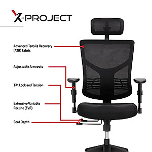 X-Chair X-Project High End Task Chair, Black A.T.R. Fabric with Headrest - Ergonomic Office Seat/Advanced Tensile Recovery Fabric/Highly Adjustable & Supportive/Comfortable Feel/Perfect for Workspace