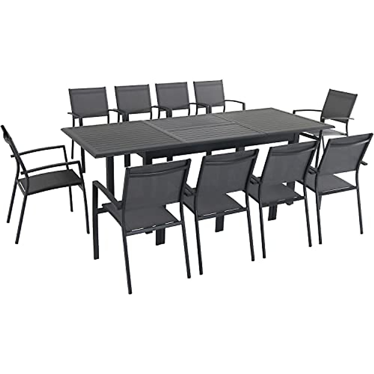 Hanover 11-Piece 40" x 94" Cameron Modern Outdoor Dining Set, 10 Stackable Sling Chairs, 40'' x 94'' Expandable Table, Durable, Weather Protected Aluminum Frame, Gray