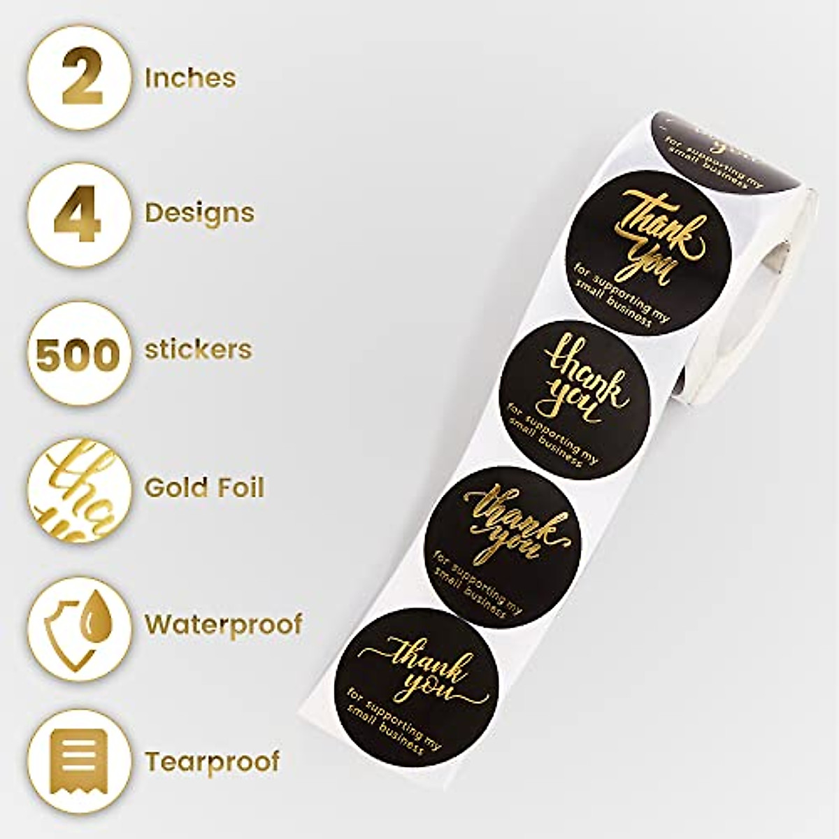 2 Inch Thank You Stickers Small Business - 500 Round Labels with 4 Designs – Black Stickers Roll with Gold Font Thank You - Waterproof Packaging for Business Boutiques Retailers