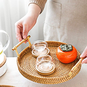 Rattan Round Serving Tray, 2 Size Hand-Woven Rattan Tray Serving Tray with Handles, Wicker Tray Basket Tray for Bread Fruit Food Coffee Breakfast Display