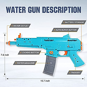 Electric Water Gun Motorized Squirt Guns for Kids & Adults, One-Button Automatic Bursts Water Blaster Soaker 22FT, 180CC Capacity Water Guns Swimming Pool Party Games (Blue)