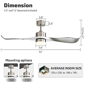 WINGBO 52" DC Ceiling Fan with Lights and Remote, Brushed Nickel and Silver Ceiling Fan, 2 Curved ABS Plastic Blades, 6-Speed DC Motor, Modern Ceiling Fan for Kitchen Bedroom Living Room, ETL Listed