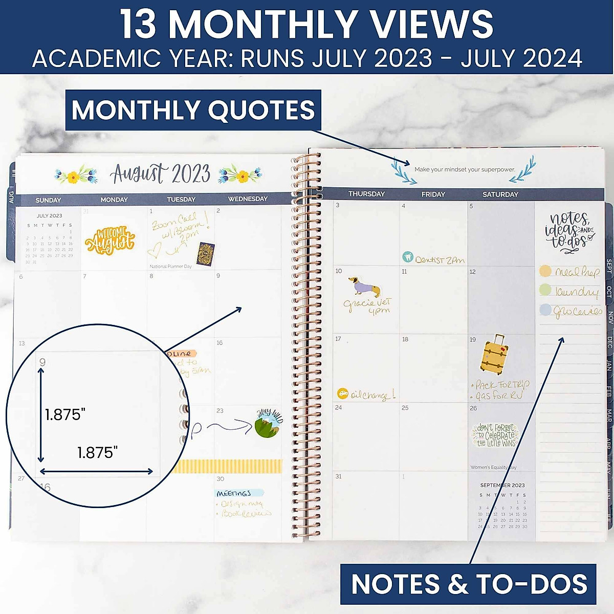 bloom daily planners 2023-2024 (8.5" x 11") Academic Year Day Planner (July 2023 - July 2024) - Weekly/Monthly Dated Agenda Organizer with Tabs - Modern Abstract, Navy