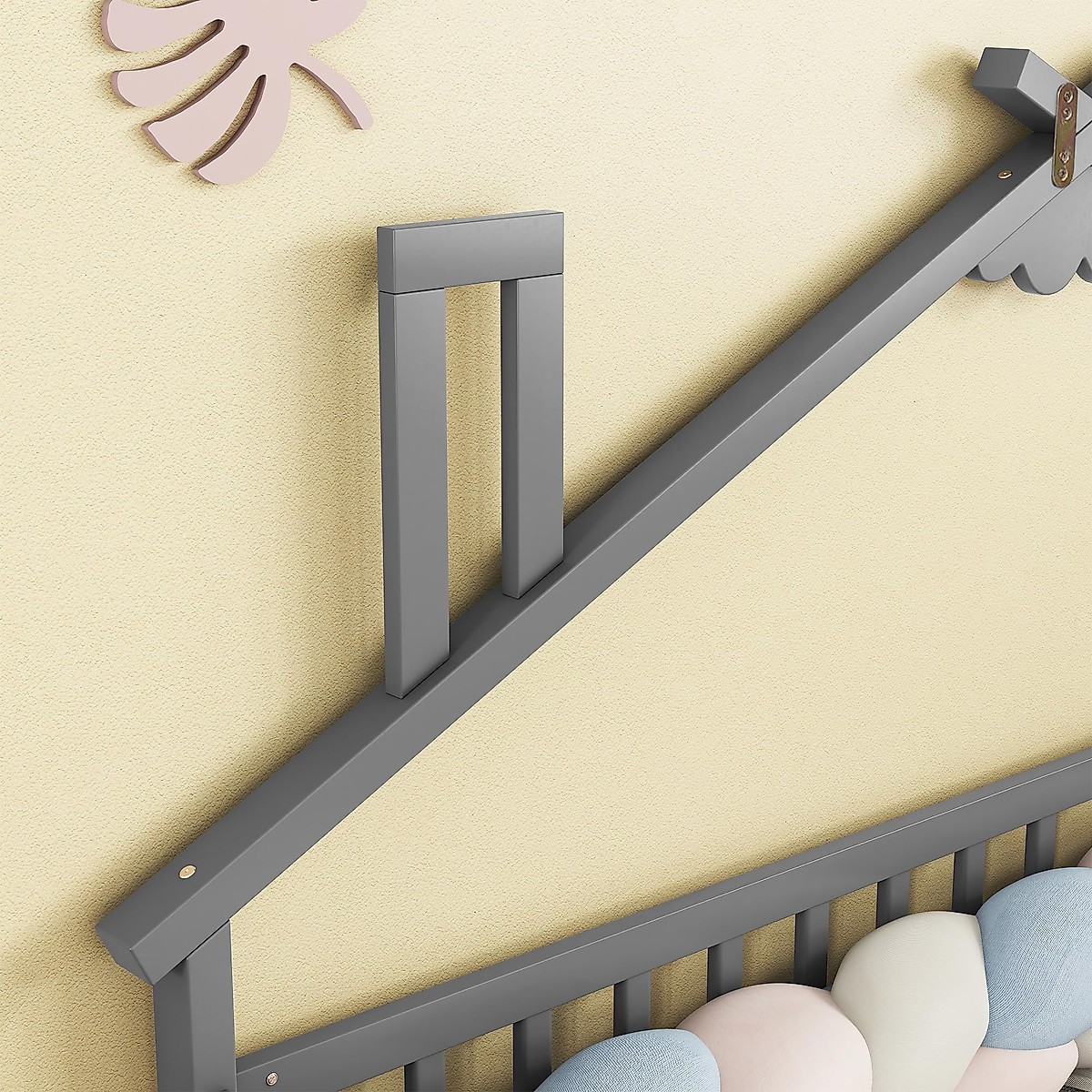 LostCat Twin Size Floor Bed with House-Shaped Bedside Design, Montessori Bed with Guardrails for Kids Boys Girls, Wood Slat Support, No Box Spring Needed, Grey