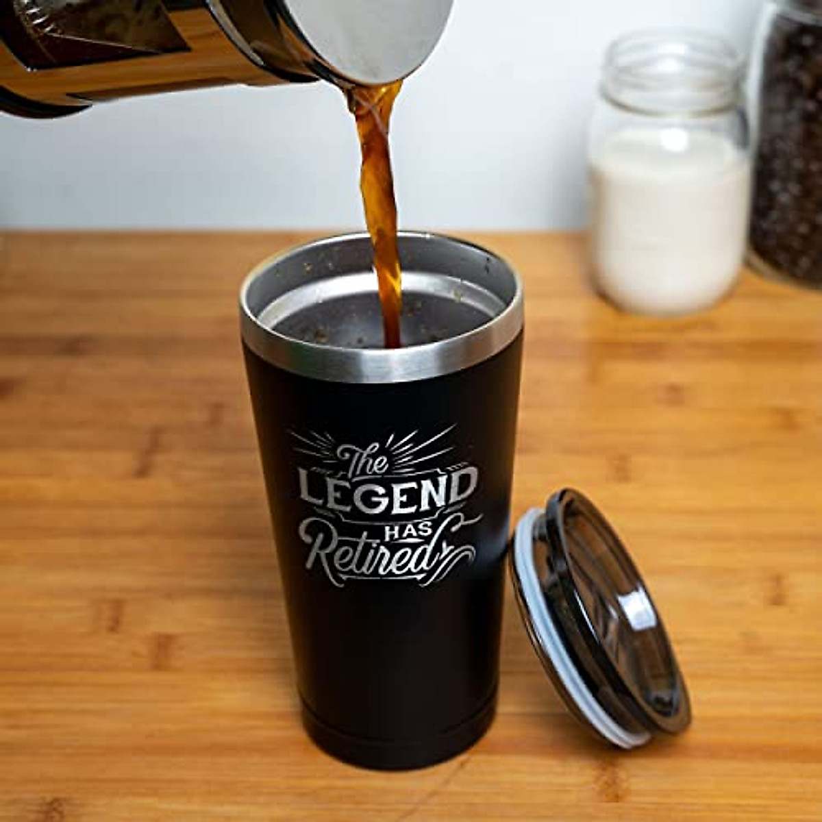Sodilly Retirement Themed Tumbler Mug - Humorous Gift for Former Colleagues - Retirement Travel Mug - Legend Has Retired Mug - Stainless Steel Tumbler - Legend Has Retired Glass - 16 oz Black Tumbler
