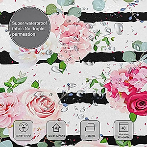 4 Piece Black White Stripes Pink Rose Flower Floral Modern Shower Curtains Sets with Non-Slip Rugs, Toilet Lid Cover and Bath Mat, Bathroom Sets with Shower Curtain and Rugs and Accessories