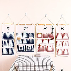 Halyuhn 24 x 10 Inch 6 Pockets Wall Hanging Storage Bag, White Red Striated Waterproof Linen Fabric Organizer with Self Adhesive Hook Wood Bar, Narrow 3-Shelf Over The Door Closet Pockets Chart