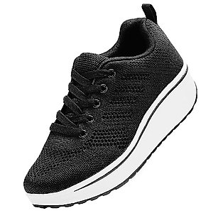 WUIWUIYU Womens Outdoor Casual Wedge Platform Mesh Lace-Up Sport Athletic Rocker Shoes Trainers Sneakers Black Size 5 M US