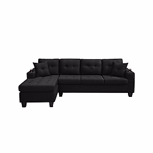 GINGVAT L Shaped Upholstered Sectional Sofa, Modern Fabric Couch with Reversible Chaise and 2 Cupholders, Living Room Furniture Fashion Design, Black