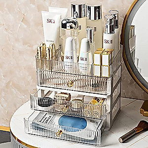 KchThass Acrylic Makeup Organizer with 3 Drawers,Cosmetic Display Cases for Vanity,Skincare Organizers Countertop,Desk Storage Holder for Perfume,Lotion,Lipstick,Brushe,Nail Polish(4-Layer,Clear)