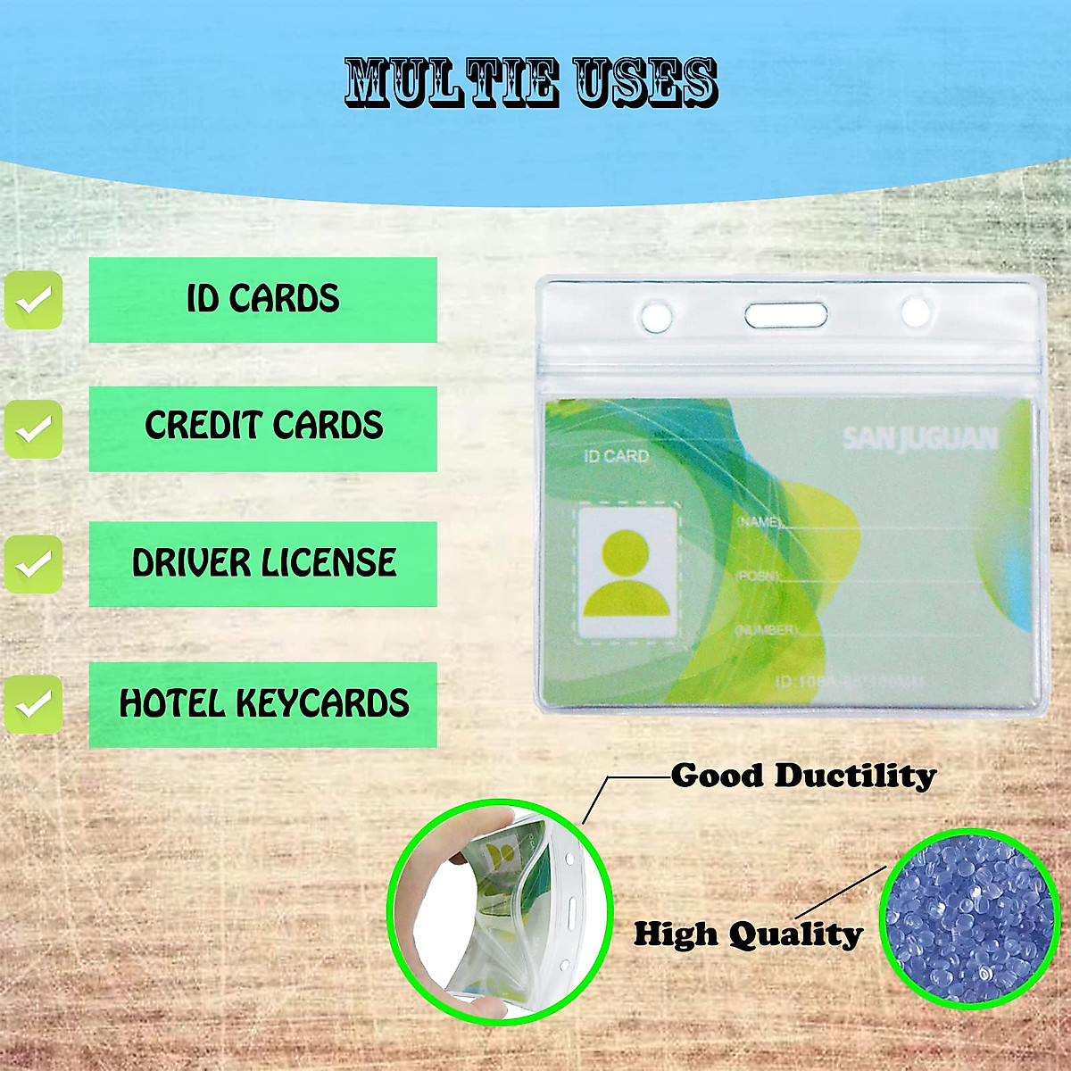 SANJUGUAN Badge Holder with Clips and Vinyl Straps(Horizontal, 50 Pack),ID Badge Holder with Waterproof Resealable Zip, Name Badge Holder for Nurses Office and School