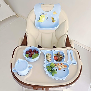 Silicone Baby Feeding Set, Baby Led Weaning Supplies, Eating Essentials Utensils with Suction Plate and Bowl, Pocket Bib, Sippy Cup with Lid, Forks Spoons Snack Container (Tropical Blue) 6M +