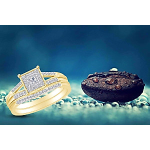 AFFY 1/5 Carat CT Princess/Round Cut White Natural Diamond Split Shank Engagement Wedding Bridal Ring Set In 10k Solid Yellow Gold (I-J Color, I2-I3 Clarity, 0.20 Cttw) Ring Size-8