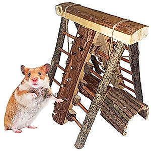 Hamiledyi Wooden Hamster Climbing Toy Guinea Pigs Activity Perch Platform Steps Stairs Gerbil Hanging Chew Tunnel Tube with Apple Wood Bridge