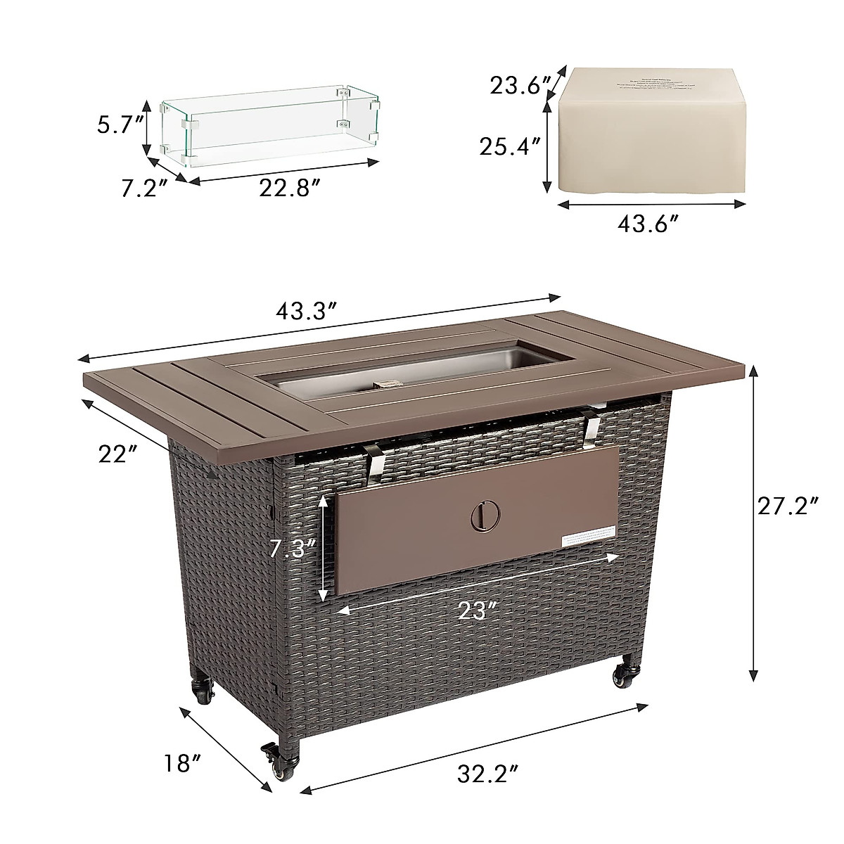 Devoko 43 inch Outdoor Wicker Propane Gas Fire Pit 50000 BTU Patio Rattan Fire Pit Table with Metal Tabletop, Replaceable Casters/Pads, Windproof Glass Cover, Slide Out Tank Holder, Cover, Lid