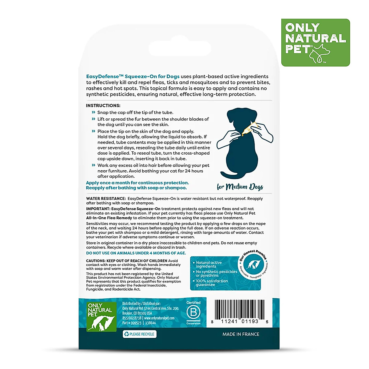Only Natural Pet Flea and Tick Prevention for Medium Breed Dogs (15 to 40 lbs) - EasyDefense Flea & Tick Herbal Squeeze-On Drops - Natural Flea Control - Pet Flea Treatment - Three Month Supply