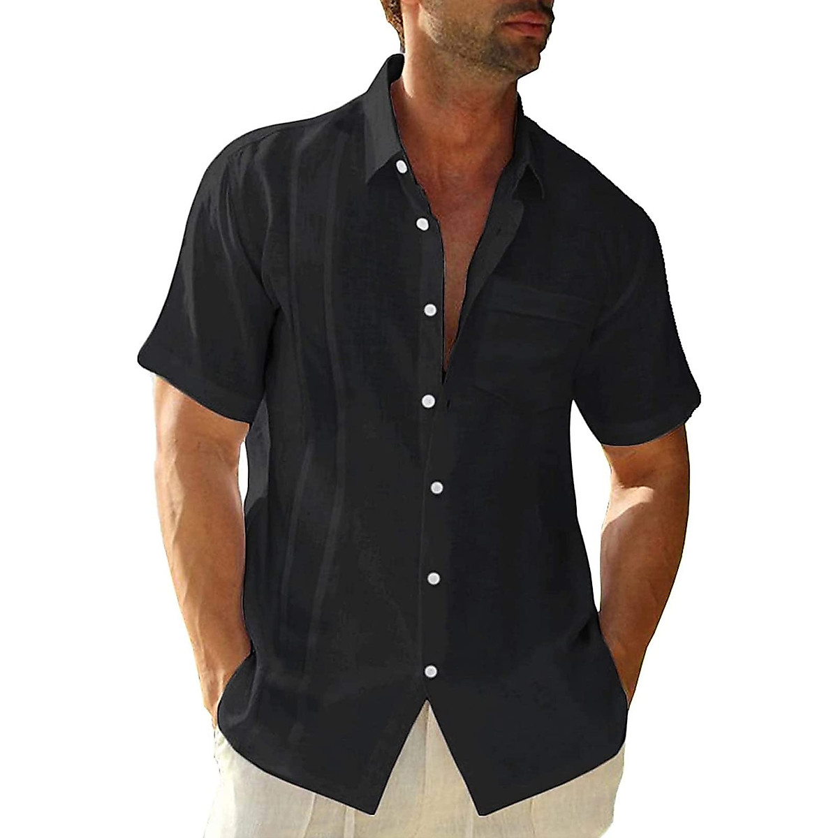 Maiyifu-GJ Men's Short Sleeve Cotton Linen Shirts Lightweight Summer Button Down Shirt Holiday Beach T Shirt with Pocket (Black,3X-Large)