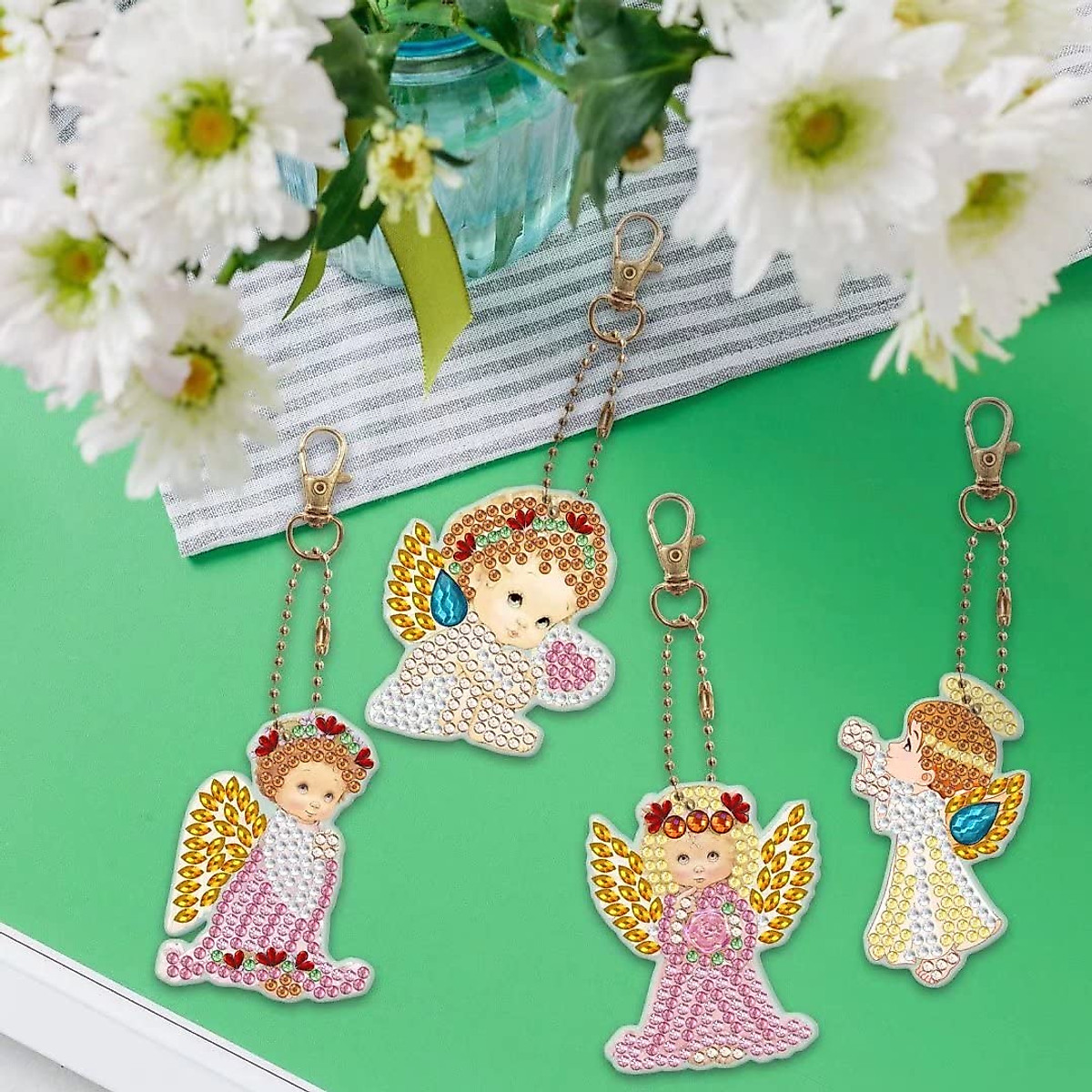 4 Pcs Diamond Painting Keychain, 5D Angel Girl Diy Diamond Pendant for Kids and Adult Beginners, Pendant Art Craft Bag Decor, Phone Straps Gift£¬Christmas Tree Ornament£¬Key Ring