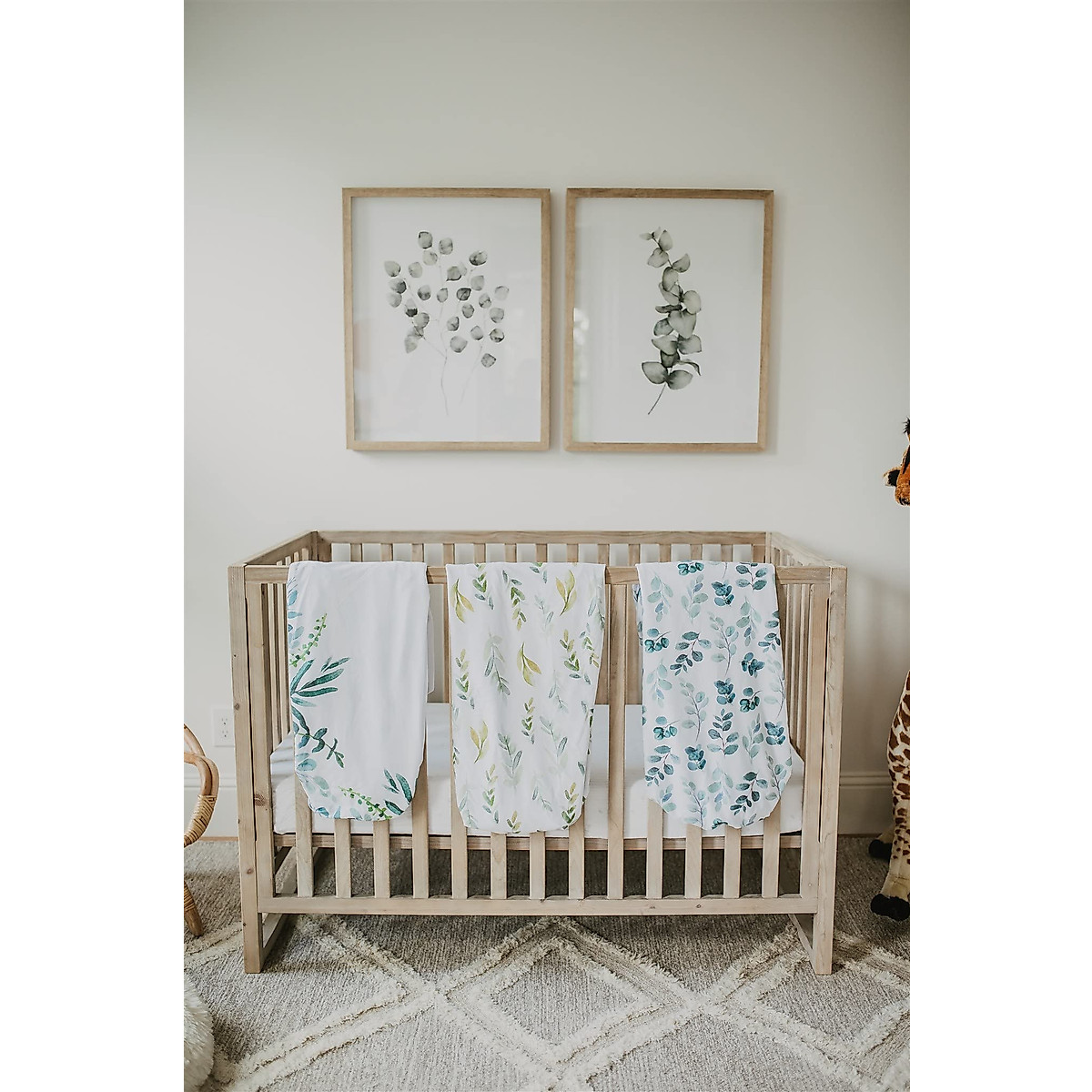 NODNAL CO. 3 Fitted Crib Sheets Leafy Set - 100% OEKO-TEX Cotton Baby Girl/Boy Nursery Bedding - Gender Neutral Leaves, Greenery, Floral Eucalyptus Standard Baby Toddler Crib Mattress 28”x52”x9” Sheet