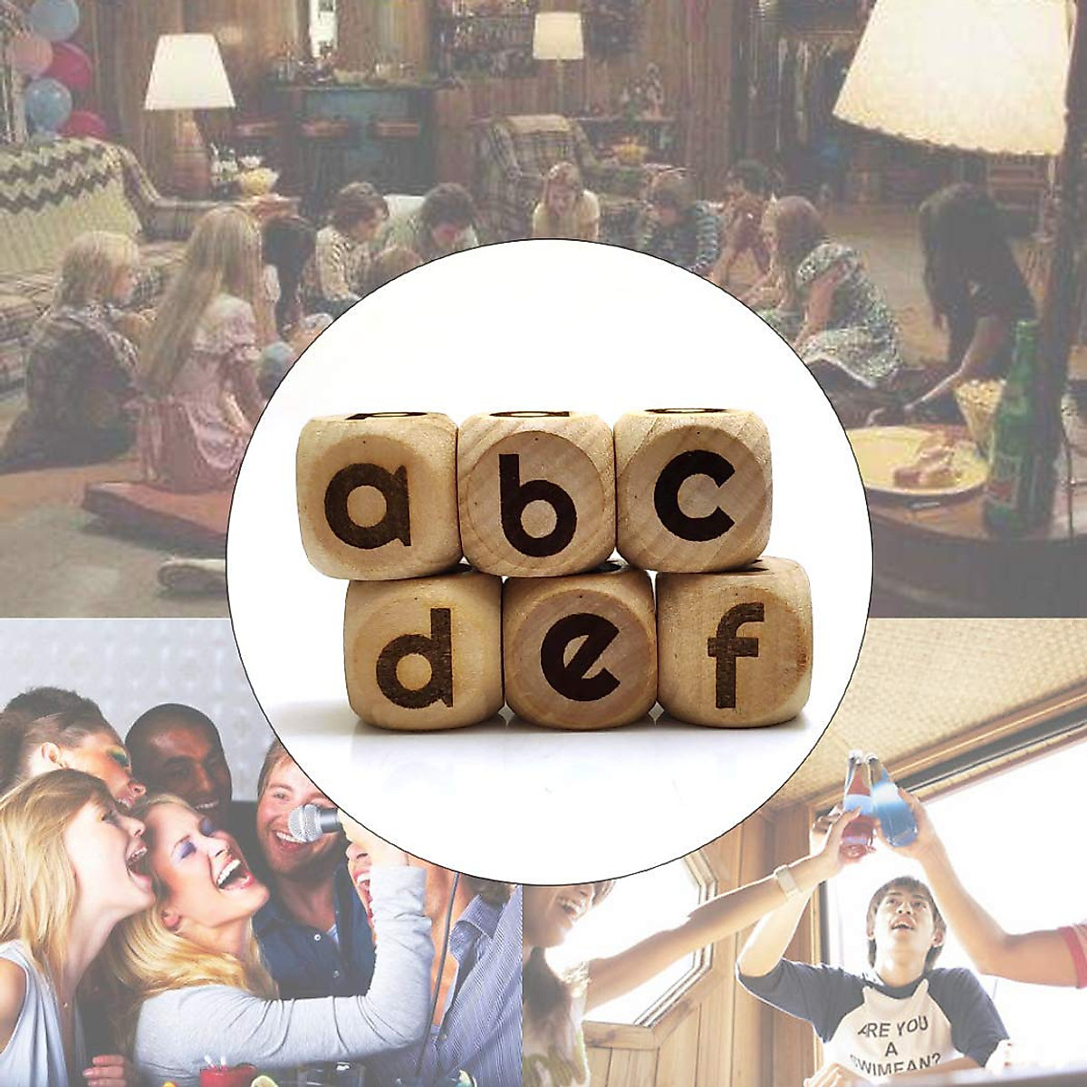 Hometu Creative 20MM 6-Sided Game Dice Set (6Pcs Identical Dices) Wooden Letter Pattern Dices Laser Engraved Rolling Decider for Party Playing Games