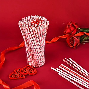Boao 200 Pieces Valentines Straws Valentines Paper Straws Heart Drinking Straws Heart Striped Paper Straws Decorative Holiday Straws for Valentine's Day Wedding Party Supplies, 8 Styles