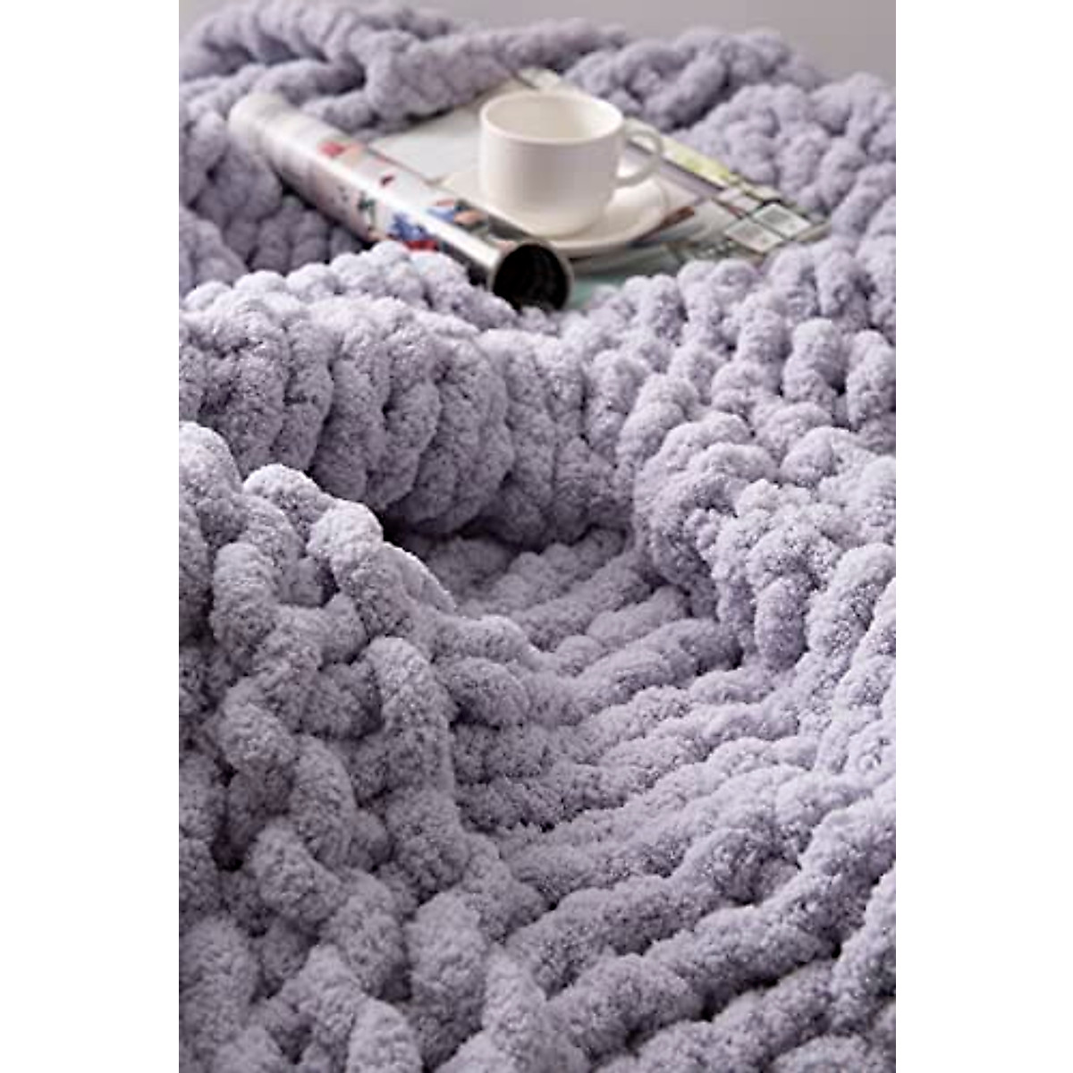 clootess Chunky Knit Blanket Chenille Throw - 100% Hand Knit with Jumbo Chenille Yarn Soft Cozy for Sofa Bed Home Decor (Grey 24x40 in)