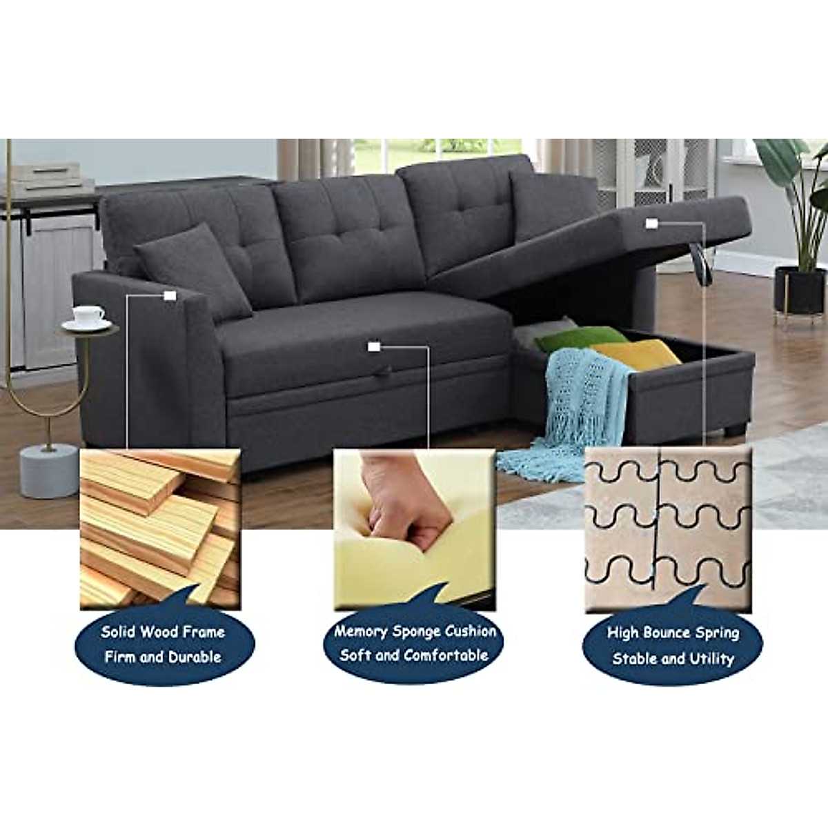 Payeel Sectional Sofa with Pull-Out Bed and Storage Chaise Lounge 81.5" Reversible Furniture Contemporary L-Shaped Fabric Sleeper Sofa for Living Room (Dark Gray)