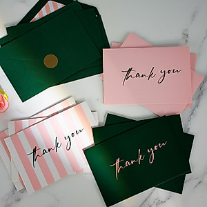 AZAZA Thank You Cards with Envelopes Striped 24 Pcs, Pink Thank You Cards Bulk Baby Shower Girl, Wedding Thank You Cards Green and Pink, Blank Thank You Notes for Bridal Shower