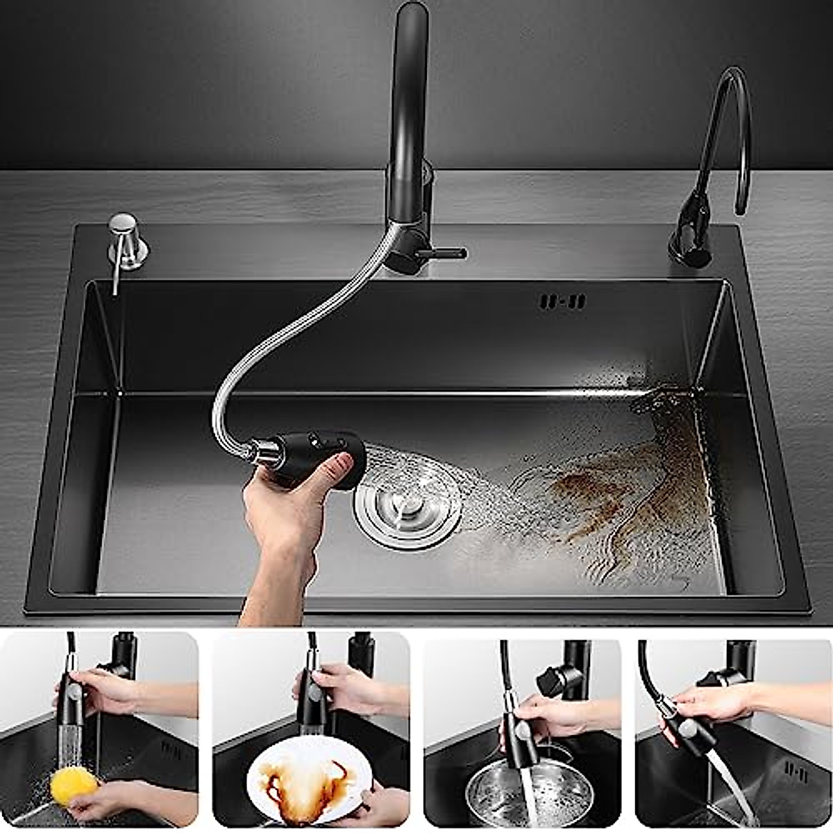 ARTLINE Black Kitchen Sink, Stainless Steel Single Bowl Sink, Drop In/Topmount Workstation Sink with Sliding Accessories, Farmhouse Workstation Sink with Multiple Accessories (19.7 x 17.7in)