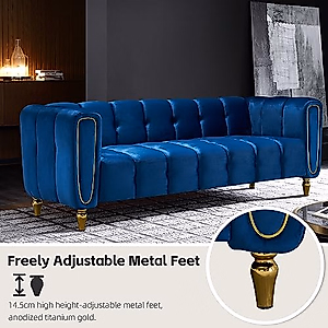 Melpomene 83.07" Mid-Century Modern Channel Tufted Sofa for Living Room, Upholstered Chesterfield Velvet Sofa Couch with Adjustable Metal Leg,Blue