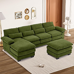 Nolohoo U Shape Sectional Sofa Cloud Couch for Living Room, 114" Comfy Chenille Modular Deep Seat Sofa, Modern 4 Seat Large Fluffy Couch with Lounge Chaise Ottoman Pillows, Emerald Green