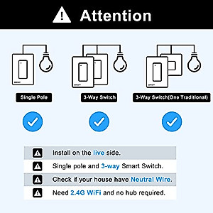 IBRIGHT Smart Light Switch, Works with Alexa & Google Home (3-Way), Remote Control & Timer Function, Neutral Wire Needed, No Hub Required, Single-Pole, ETL & FCC Certified (2.4Ghz Wi-Fi Only)