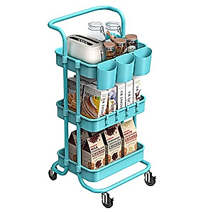 alvorog 3-Tier Rolling Utility Cart Storage Shelves Multifunction Storage Trolley Service Cart with Mesh Basket Handles and Wheels Easy Assembly for Bathroom, Kitchen, Office (Blue)