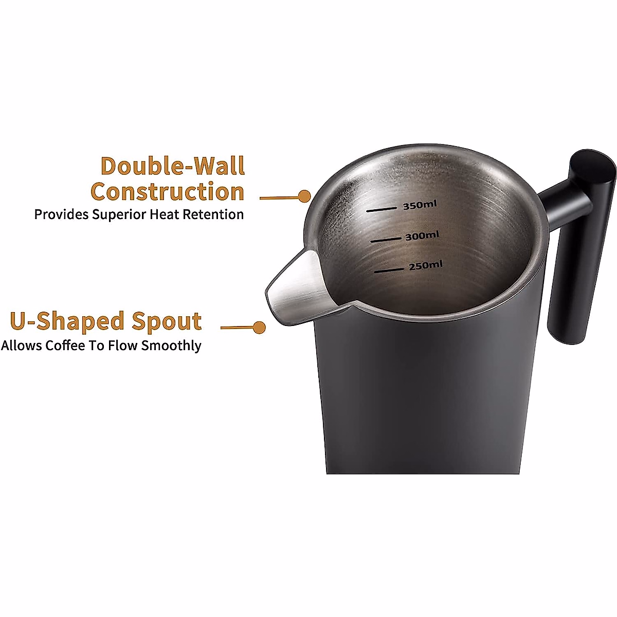 Miuly Black Coffee Press, Stainless Steel French Press Coffee Maker, Double Wall Insulated French Press 350ml/12oz with 2 Filter Mesh Small Coffee Pot(12oz, Black)