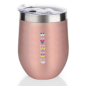 Mighun Love Is Love Pansexual Bisexual Lgbtq Wine Tumbler with Lid, Pride Parade LGBT Vacuum Coffee Tumbler, Gay Pride Stemless Insulated Wine Glasses Cup for Champaign, Cocktail, Beer