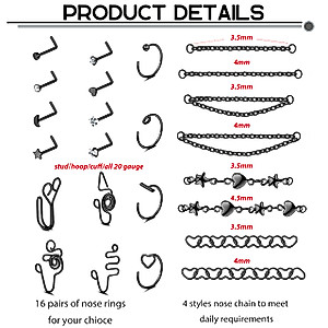 20G Nose Ring Nose Chain Piercing Across CZ L Shaped Nose Stud Small Nose Hoop African Cuff Ring Stainless Steel Double Heart Star Nose Ring Chain Piercing Jewelry Set for Women Men 32 Pcs(black)