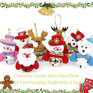 TOPZEA 16Pcs Christmas Bells Ornaments Pendant, Hanging Jingle Bells Felt Bulk Xmas Tree Decorations Santa Clause Snowman Reindeer Doll Elk Bear Ornament for Christmas, Door Home Decor