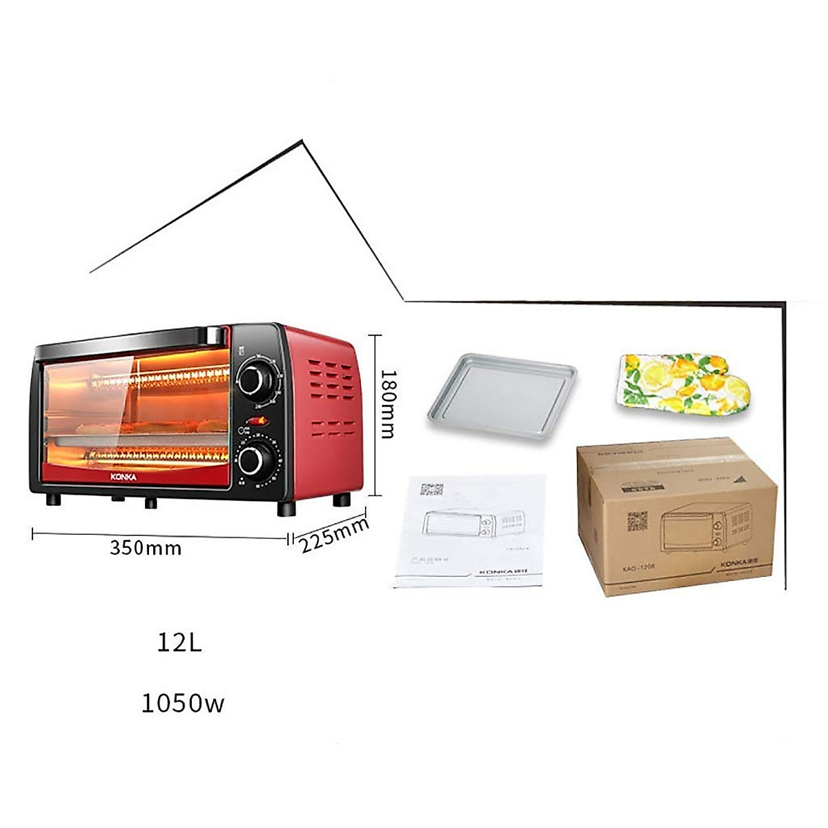 Mini Oven Toaster Electric Small Oven Tempered Glass Door Removable Crumb Tray Insulated Handle with Insulated Gloves and Baking Tray 12L Mini Ovens Happy Life