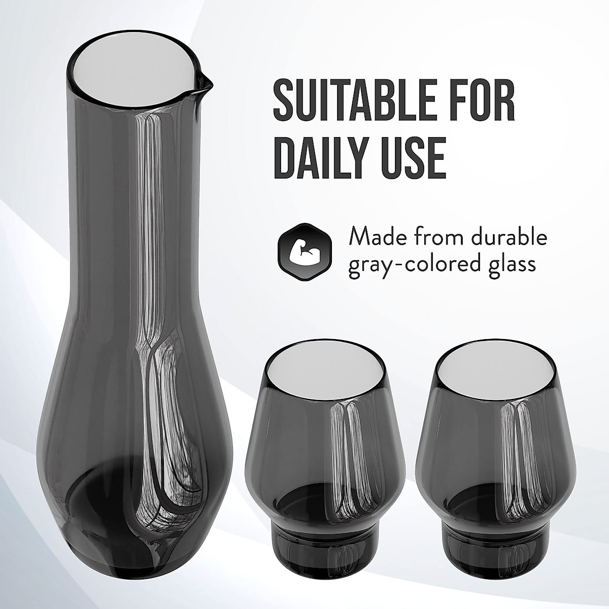 American Atelier 3 Piece Water Set; Carafe and 2 Tumblers; Water Jug; Easy Pour Spout for No Mess Use in Office, Kitchen; 34 oz Pitcher with a 10 oz Tumbler, 4”x 11”H; Gray