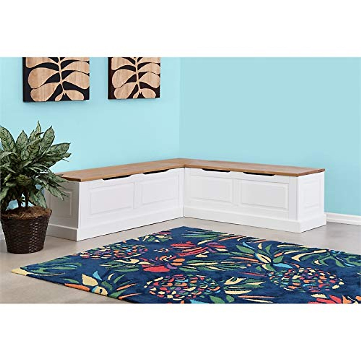 Riverbay Furniture 18" High Transitional Backless Wood Corner Kitchen Breakfast Nook Bench, with Hidden Storage, in White & Natural Finish